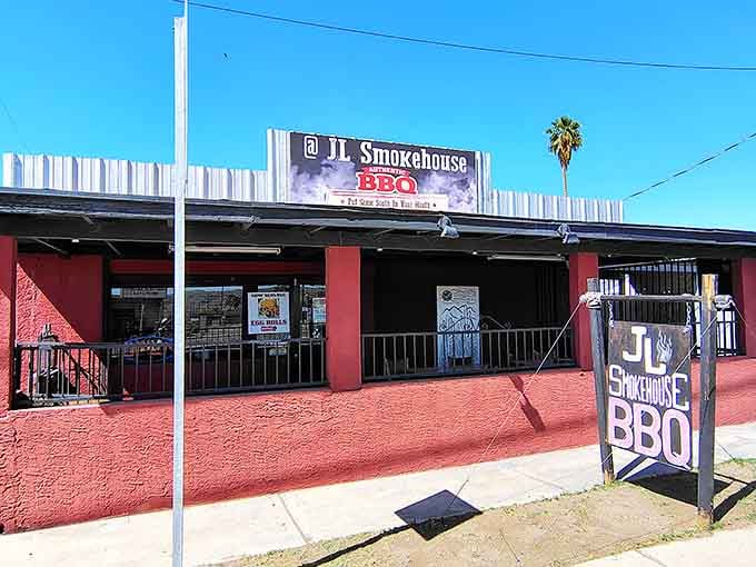 That red exterior isn't just paint, it's a beacon calling you toward barbecue salvation on East Broadway Road.