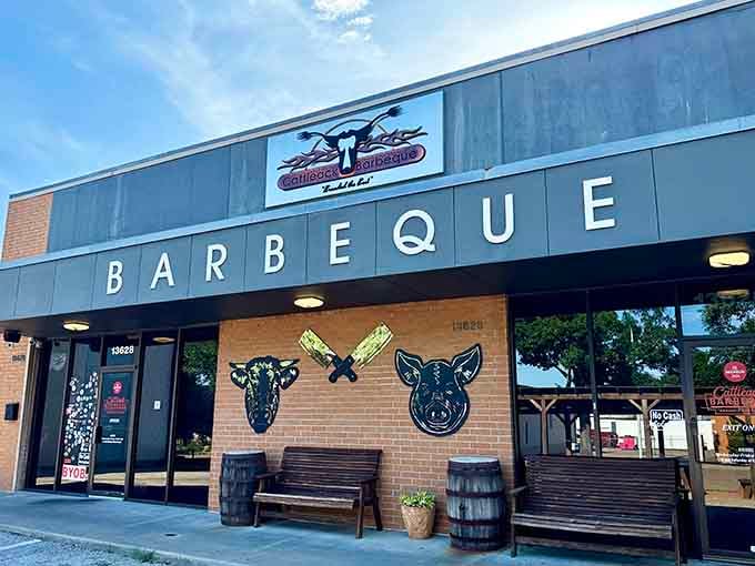 The modern facade promises serious barbecue business, and those cow and pig silhouettes aren't just for decoration.