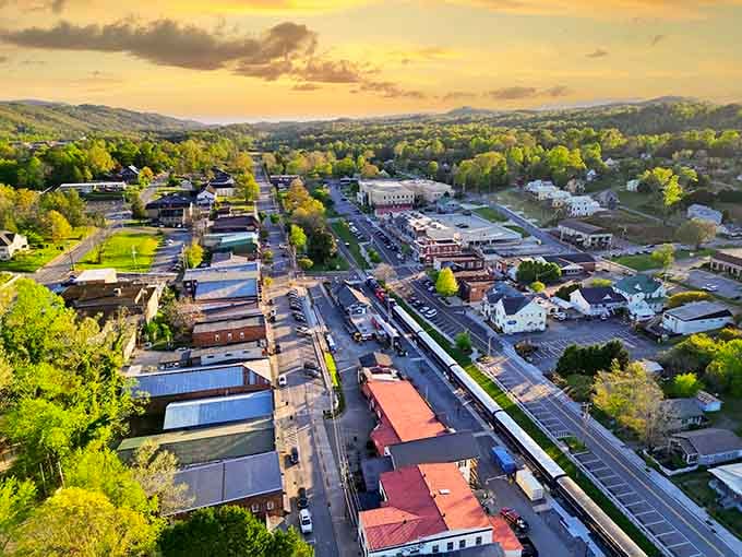 Downtown Blue Ridge from above looks like someone built a postcard and forgot to tell anyone it was real.