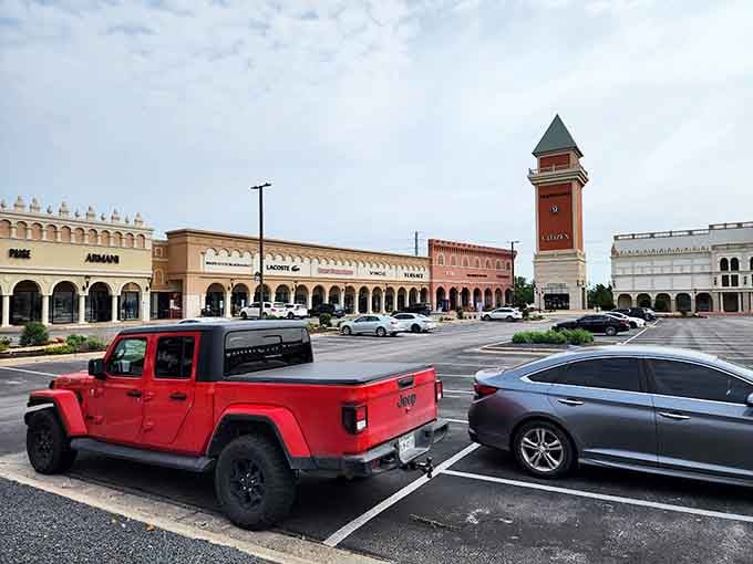That clock tower stands tall like a European landmark, guiding shoppers to retail salvation with architectural charm.