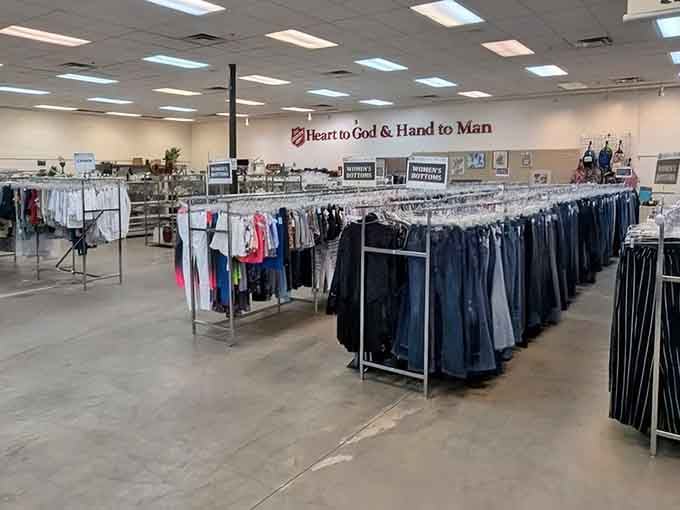 Rows of organized clothing stretch into the distance like a fabric lover's version of paradise found.