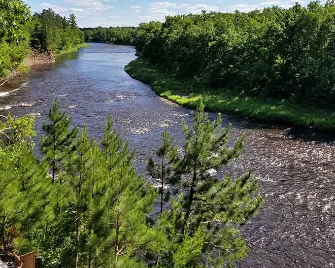 Take a peaceful moment to admire the rushing river as it winds through lush, green forests under a bright sky.