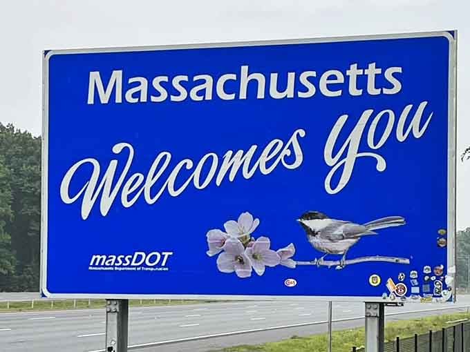 The state bird and flower grace the sign, small details that show Massachusetts sweats the good stuff.