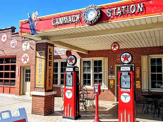 That red brick facade and those vintage gas pumps aren't just decoration&mdash;they're a promise of pure nostalgia ahead.