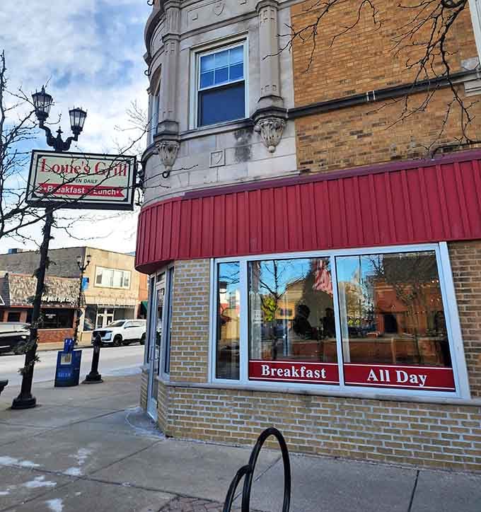 That red awning isn't just decoration, it's a beacon guiding you to breakfast salvation in Forest Park.