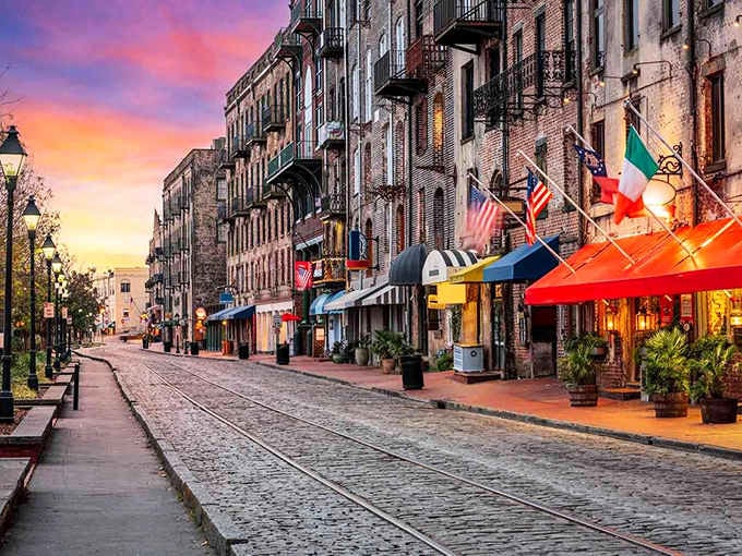 River Street at golden hour looks like someone painted the sky just to show off those cobblestones.
