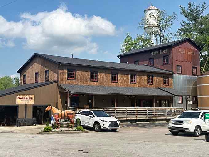 That rustic barn-style exterior isn't fooling anyone - this is where serious eating and drinking happens in horse country.