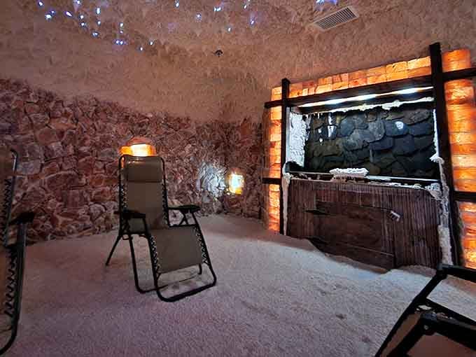Step inside what looks like the world's most relaxing geology exhibit, complete with glowing salt walls and zero-gravity chairs.