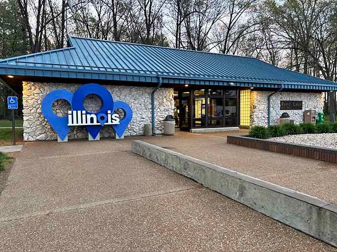 That bold blue Illinois logo welcomes you like a friendly neighbor waving from the front porch of hospitality.