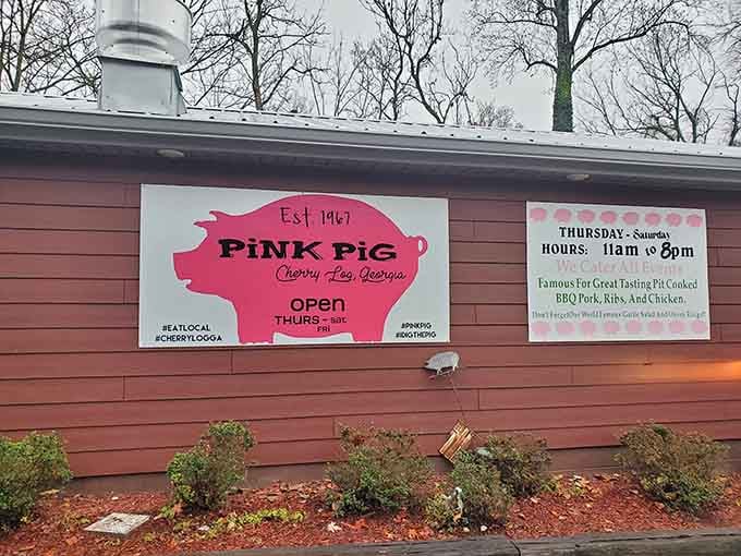 The pink sign isn’t just a color—it’s a welcoming beacon to delicious BBQ.