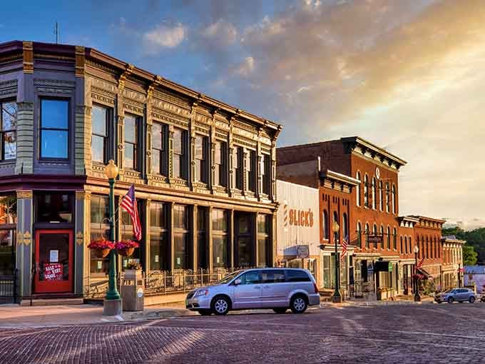 Golden hour transforms these historic storefronts into something Norman Rockwell would've painted if he'd discovered Instagram filters.