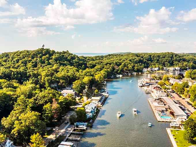 The Kalamazoo River winds through Saugatuck like nature's own masterpiece, proving Michigan's coastline has serious game.