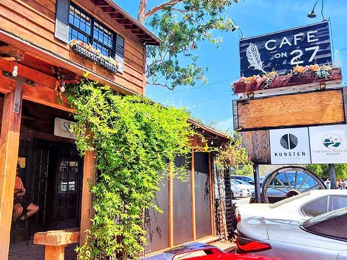 Climbing vines and weathered wood create the kind of canyon charm that interior designers spend fortunes trying to replicate.