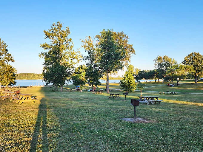 Golden hour transforms these lakeside picnic spots into something Norman Rockwell would paint, minus the apple pie.