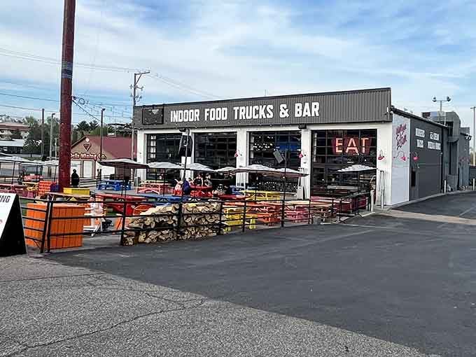 The exterior promises "Indoor Food Trucks," which sounds contradictory until you step inside and realize it's genius.