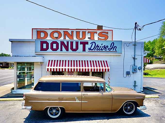 That retro sign and striped awning aren't trying to be vintage, they just are, like your favorite uncle's stories.