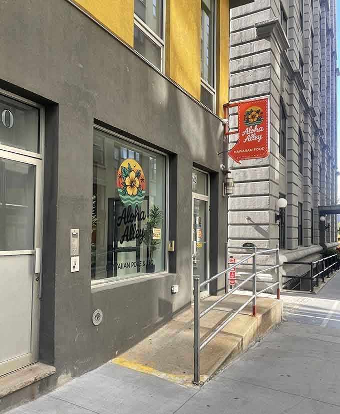 Even the storefront whispers "aloha" with those palm-inspired touches against the urban Brooklyn backdrop.