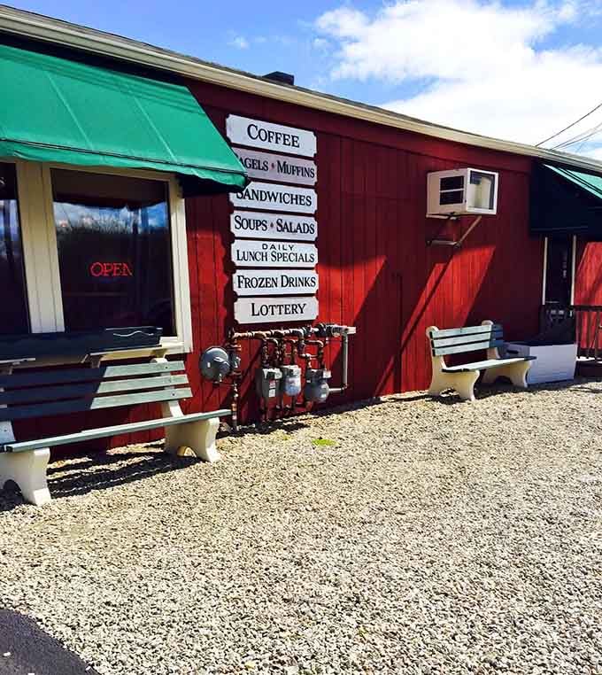 That red barn exterior isn't just charming &ndash; it's a beacon calling you toward breakfast salvation and carbohydrate bliss.