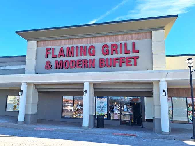 The red letters practically shout "come hungry" while those white columns stand guard over your upcoming food adventure.