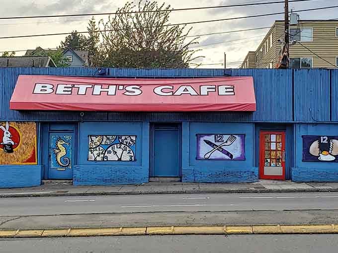 That bright blue exterior isn't whispering, it's announcing breakfast with the confidence of a rooster at dawn.