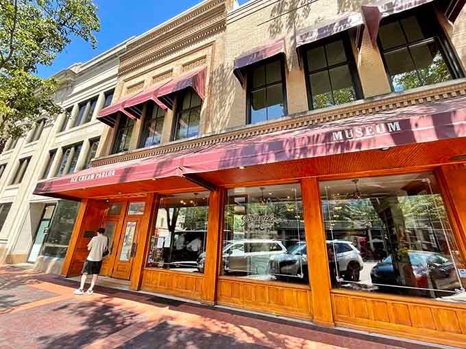 That burgundy awning beckons like a time portal on Washington Street, promising ice cream and nostalgia in equal measure.