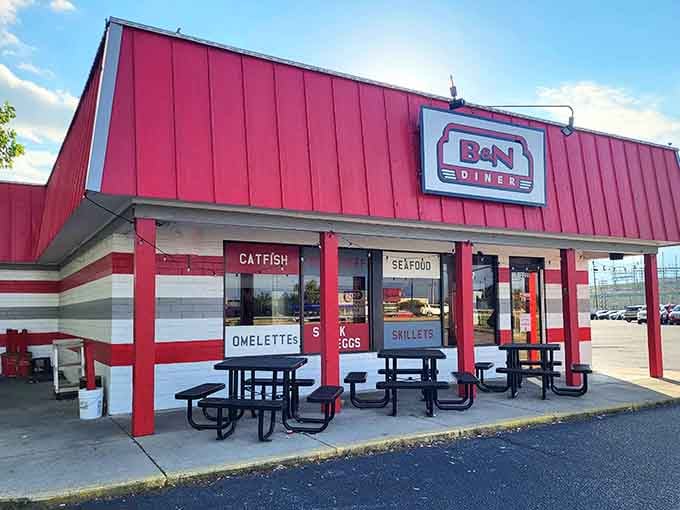 That bright red exterior isn't just eye-catching &ndash; it's a beacon calling you to breakfast paradise in Lafayette.