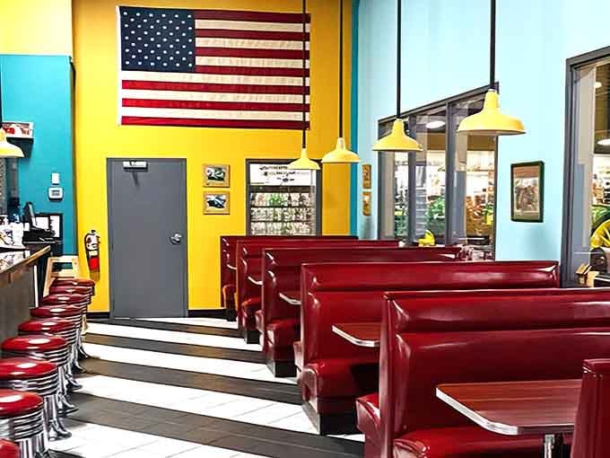 Red vinyl booths and chrome stools create a retro diner vibe that makes breakfast feel like a celebration.