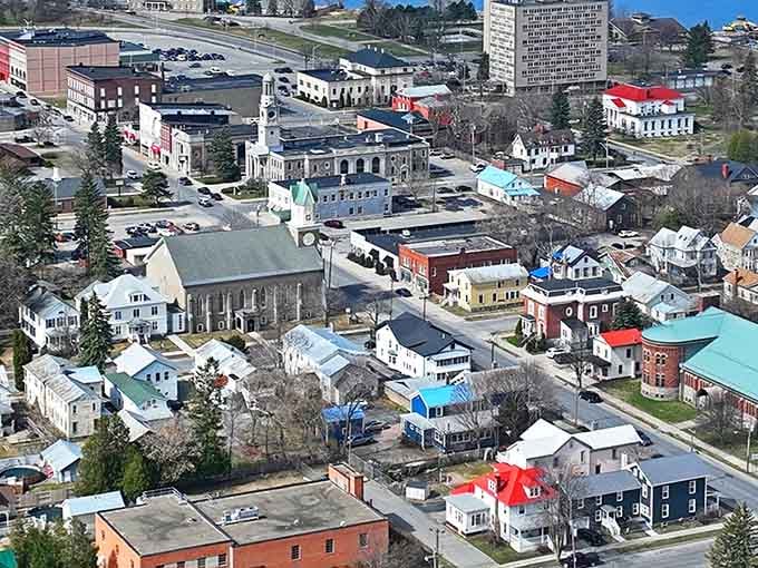 Small-town America from above, where colorful rooftops tell stories and neighbors actually know each other's names.