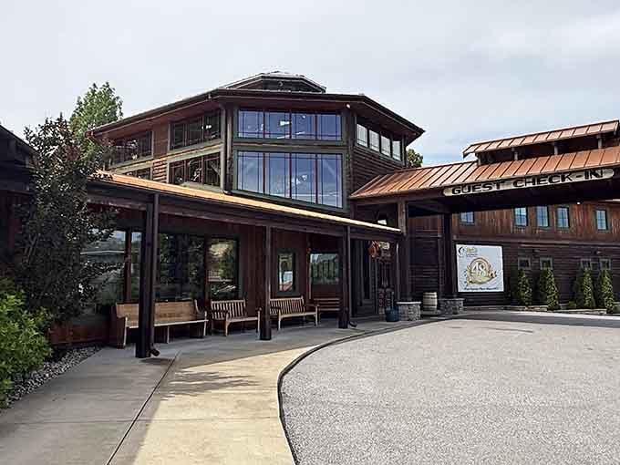 Log cabin architecture meets serious dining ambitions in this sprawling complex that refuses to pick just one personality.