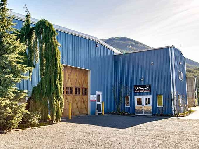 That blue barn exterior hides one of Washington's best-kept culinary secrets, and the mountains approve.