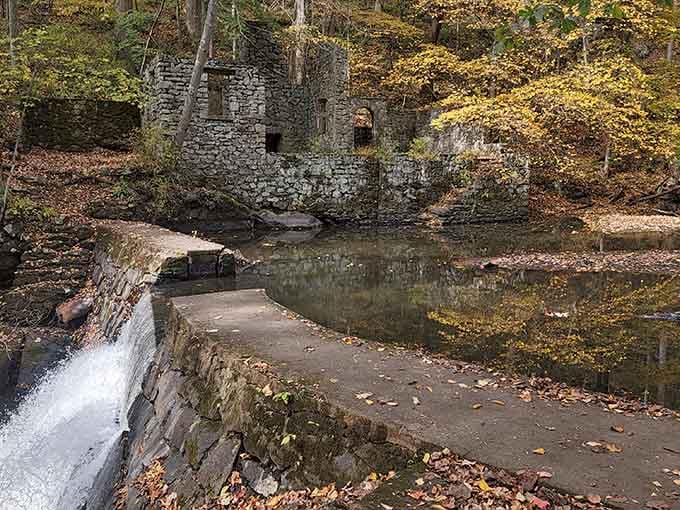 Stone ruins and a peaceful pool create a scene straight out of a storybook fantasy novel.