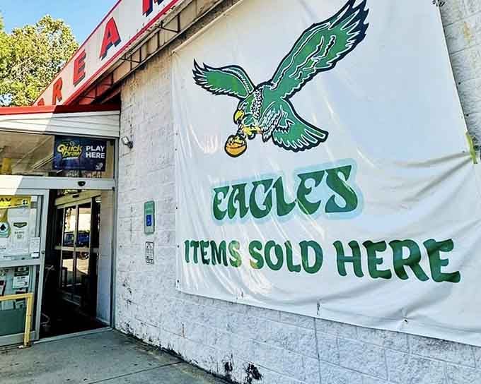 That Eagles mural isn't just decoration, it's a declaration of loyalty and a promise of bargain-priced treasures inside.