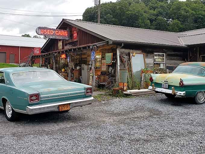 The exterior promises adventure, and those vintage cars parked outside suggest someone already found their dream ride inside.