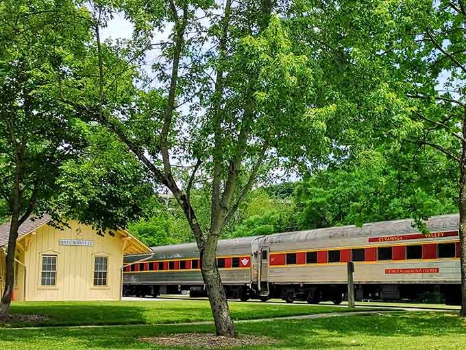 Yellow station charm meets vintage rail elegance, where your journey through Ohio's natural wonderland begins.