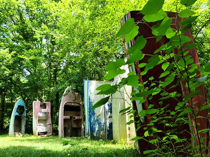 Standing at attention like a fleet that forgot which way is up, these colorful boats create Missouri's answer to ancient mysteries.