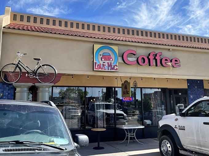 That bicycle perched above the entrance isn't just decoration; it's a promise of the whimsical wonderland waiting inside.