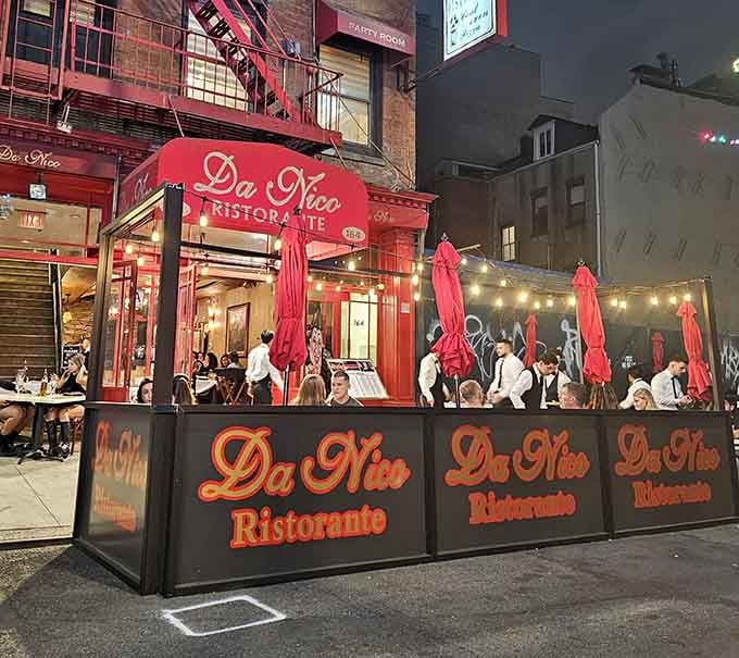 Evening dining at Da Nico means sidewalk seating, twinkling lights, and the kind of atmosphere that makes everything taste better.