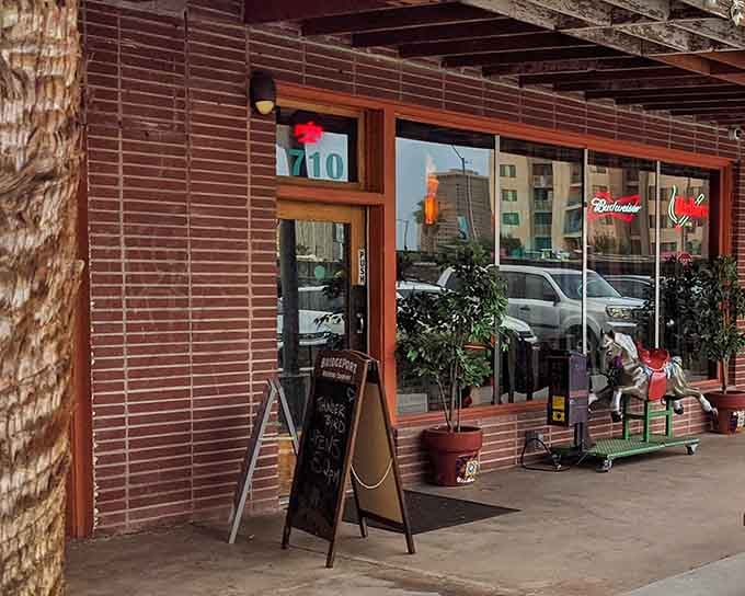 The entrance whispers promises of nostalgia, complete with wood paneling that would make your parents' basement jealous.