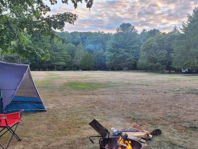 Nothing says "I've escaped civilization" quite like a campfire at sunset with nobody else's tent in sight.