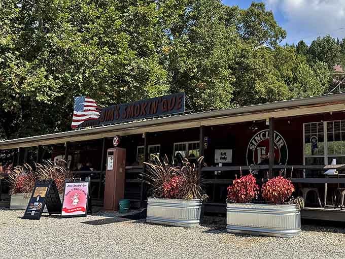 That rustic mountain charm hits different when there's smoke billowing from somewhere out back promising barbecue bliss.