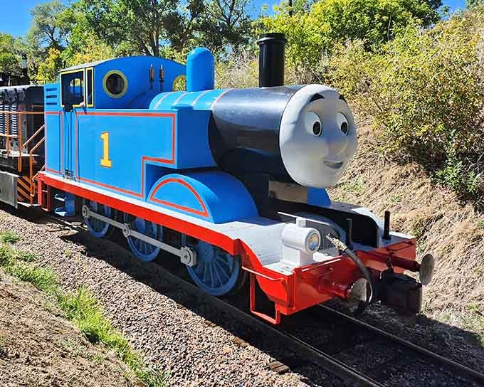 Thomas the Tank Engine looking absolutely delighted to be chugging around Golden instead of the Island of Sodor.