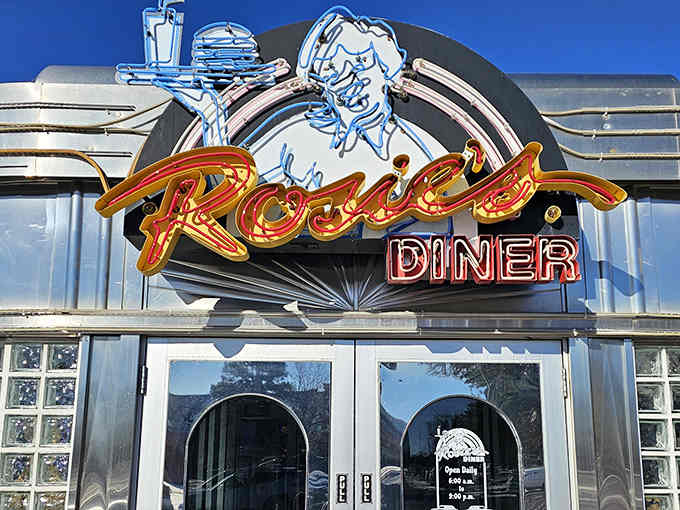 That chrome and neon combo hits different when you're craving pancakes and a time machine back to simpler days.