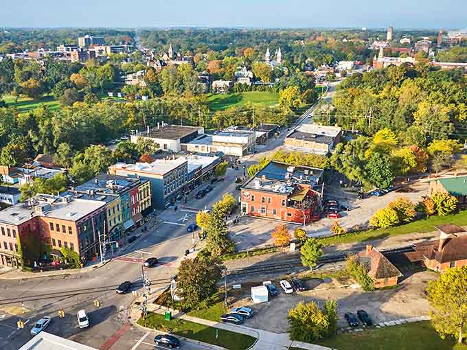 Depot Town's aerial view reveals a perfectly preserved slice of Michigan history nestled among autumn trees.