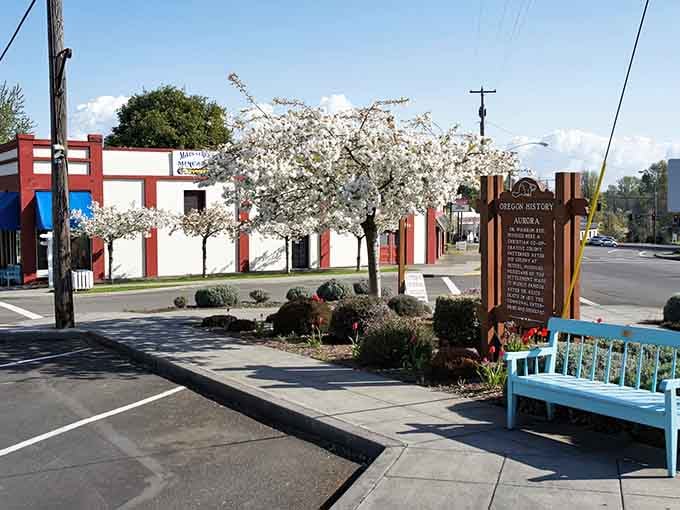 Spring blooms frame Aurora's historic main street, where every storefront whispers tales of treasures waiting inside.