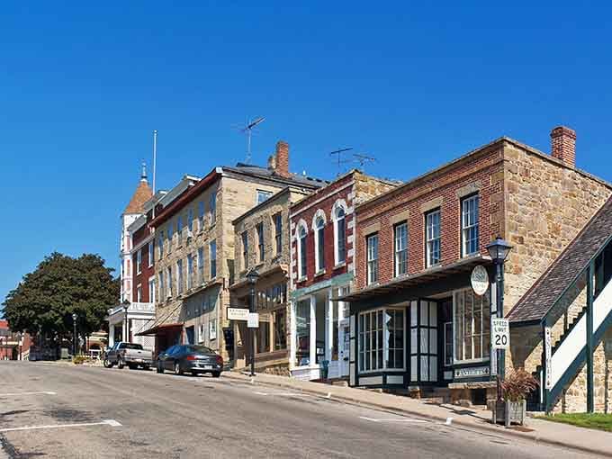 Historic limestone and brick buildings line High Street like a perfectly preserved postcard from the 1840s.