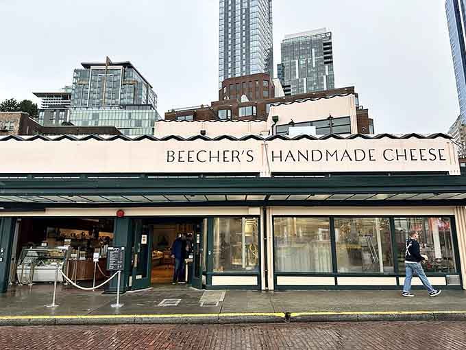 That green and cream storefront is your gateway to cheese heaven, right in Pike Place Market's beating heart.