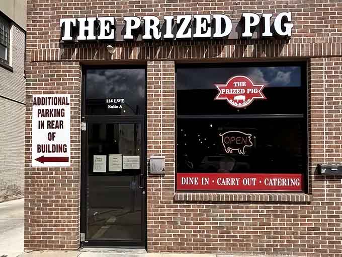 The Prized Pig's brick exterior promises serious barbecue inside, where smoke and flavor meet in perfect harmony.