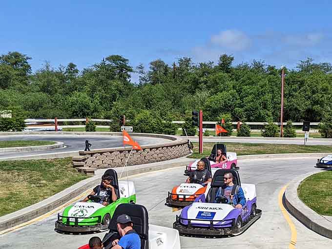 Go-karts line up like colorful race cars, ready to transform ordinary kids into speed-obsessed champions instantly.