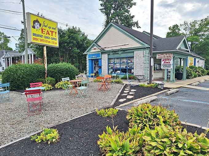 That cheerful cartoon lady on the sign isn't asking, she's telling you where breakfast magic happens daily.