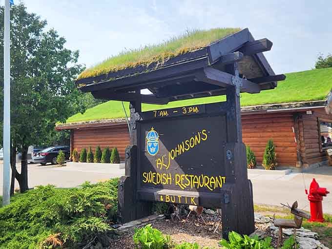 That grass-covered roof isn't just for show; it's an authentic slice of Scandinavia dropped into Wisconsin's heartland.